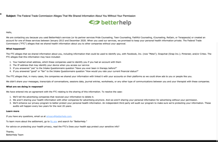 Visée par un enquête pour avoir vendu les données de patients, BetterHelp, la plateforme de ...